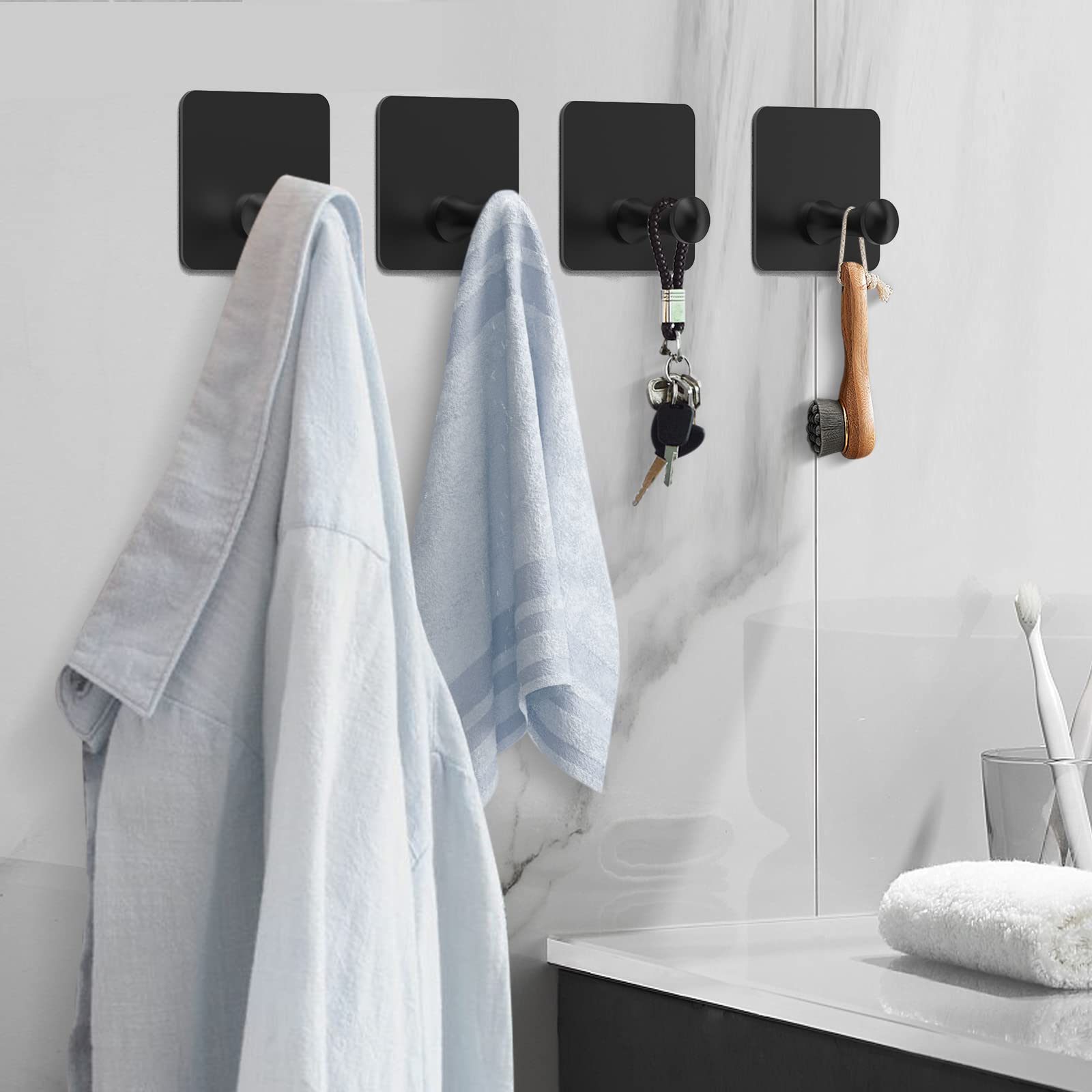Quavzotu Stick on Hooks, Strong Self Adhesive Hooks for Bathrooms/Kitchen/Cabinet Door, Utility Hooks Sticky Hangers for Walls Hanging Towels/Robe/Coat