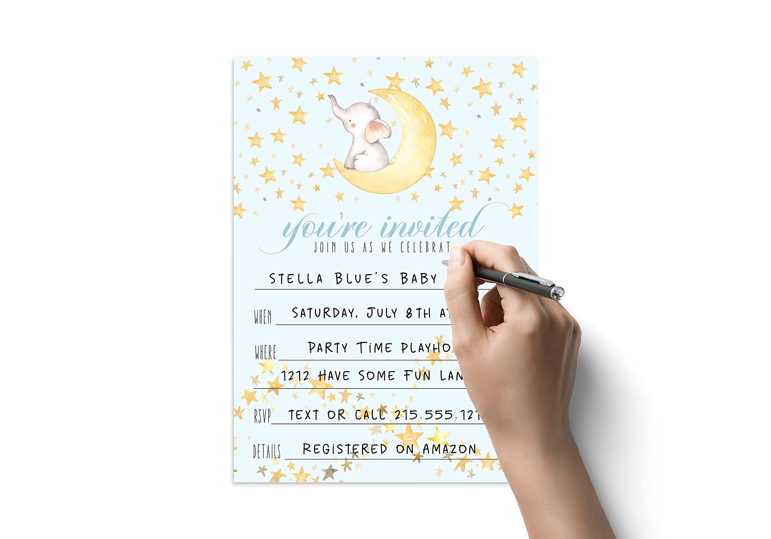 Star and Elephant Invitations with Envelope Pack of 15 – Blank Invites for Boys Baby Shower, Reveal, Sprinkle – Twinkle Starry Moon Event Designs Blue – Printed 4x6 Size Card Set - Paper Clever Party
