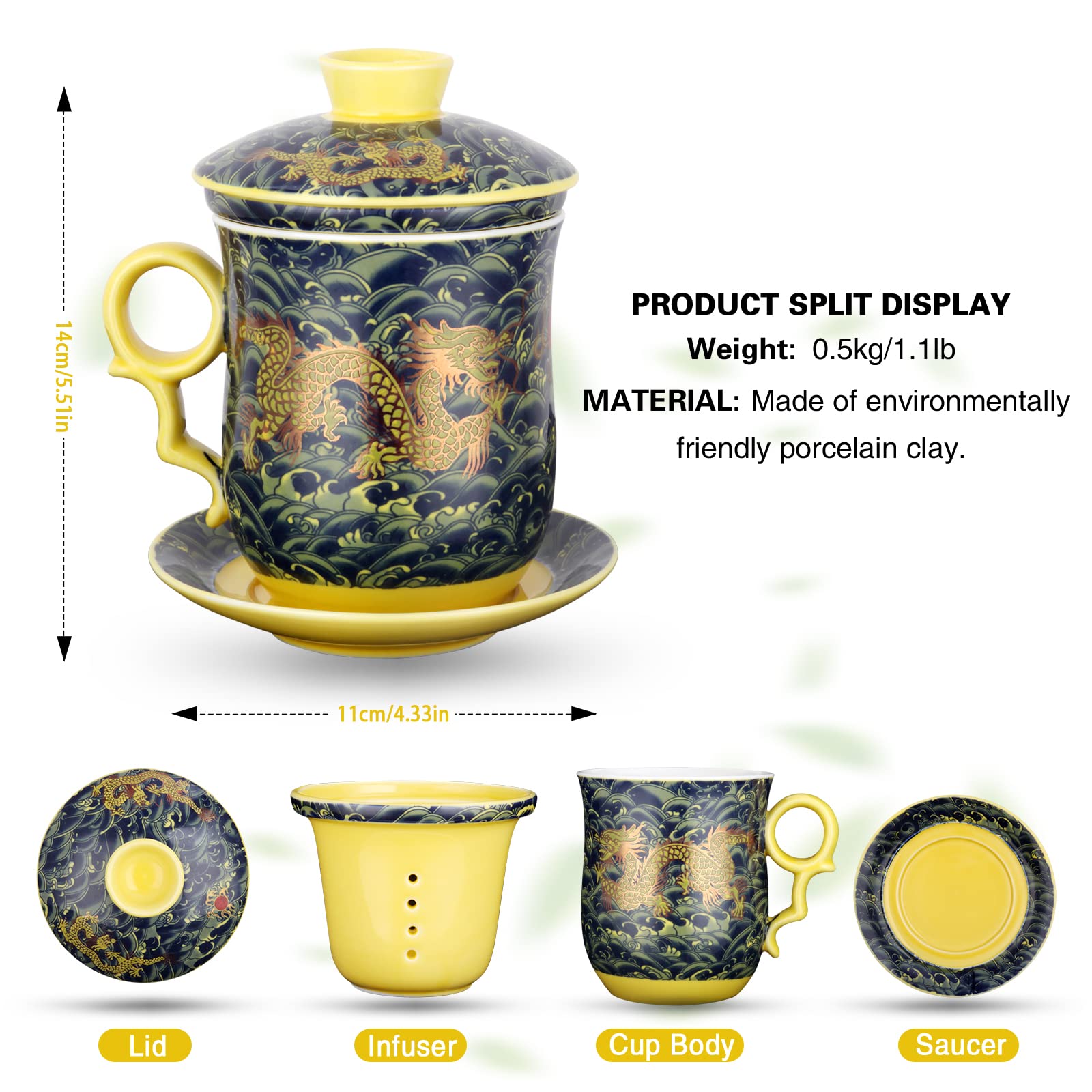 YURROAD 2 Pack - Ceramic Tea Cup with Infuser and Lid Tea Mugs Teaware with Filter and Coaster Porcelain Tea Steeping Mug - 13.5 oz / 400ml