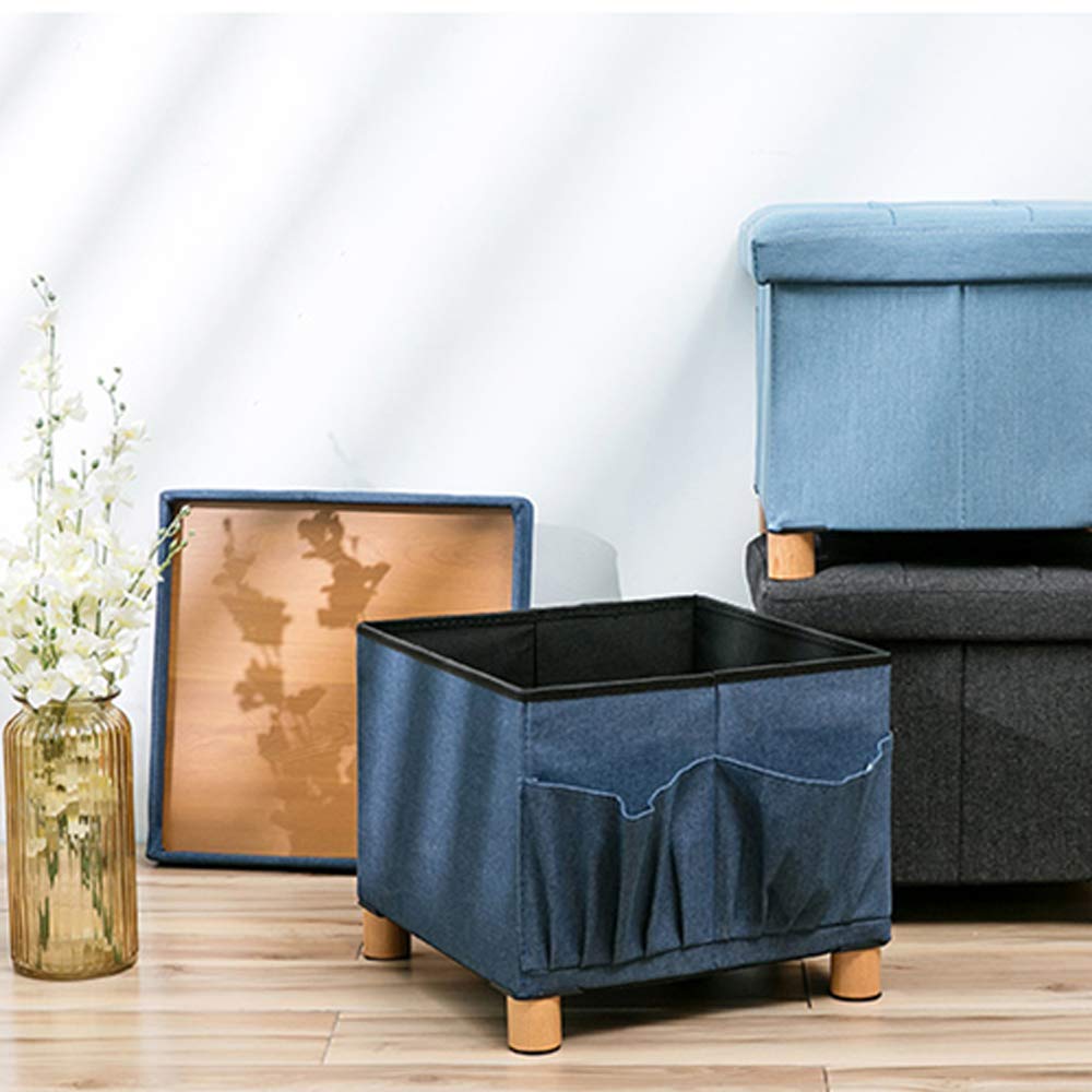 WALTSOM Folding Storage Ottoman, Cube Footrest Seat Stool Coffee Table with Woode Feet, Side Pockets, Double Sides Lid, Soft Padding for Home and Office, 15"X15"x15" (Blue)