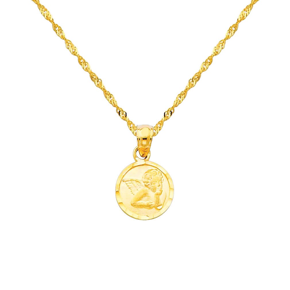 The World Jewelry Center 14k REAL Yellow Gold Religious Angel Pendant with 1.2mm Singapore Chain Necklace - 18"