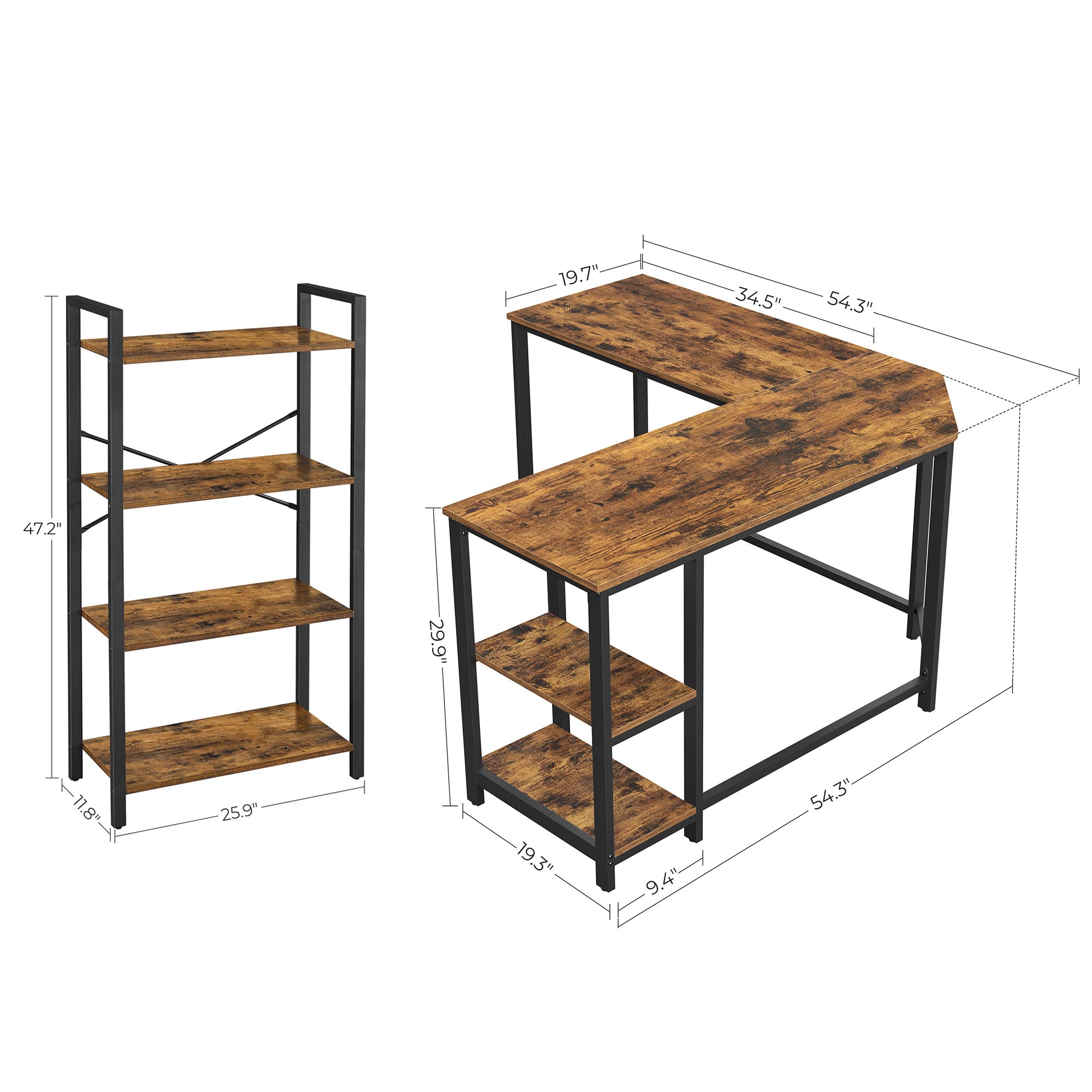 VASAGLE Computer Desk and Bookshelf Bundle, L-Shaped Computer Desk and 4-Tier Bookcase with Steel Frame, for Home Office, Industrial, Rustic Brown and Black ULWD72X and ULLS60BX