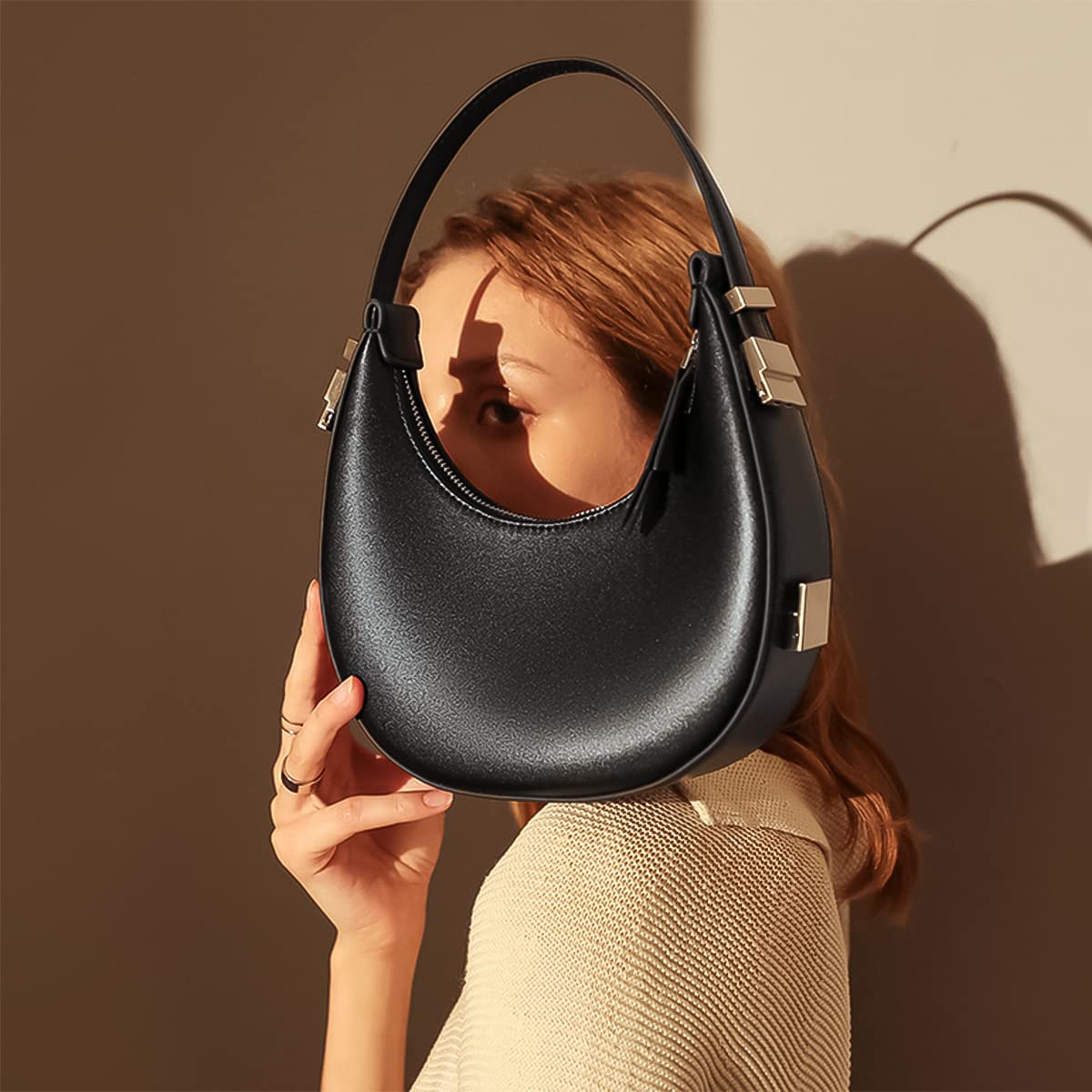 XAP Crescent Hobo Bag for Women Y2k Underarm Bag Top Handle Purse Dumpling Handbag with Zipper, Black