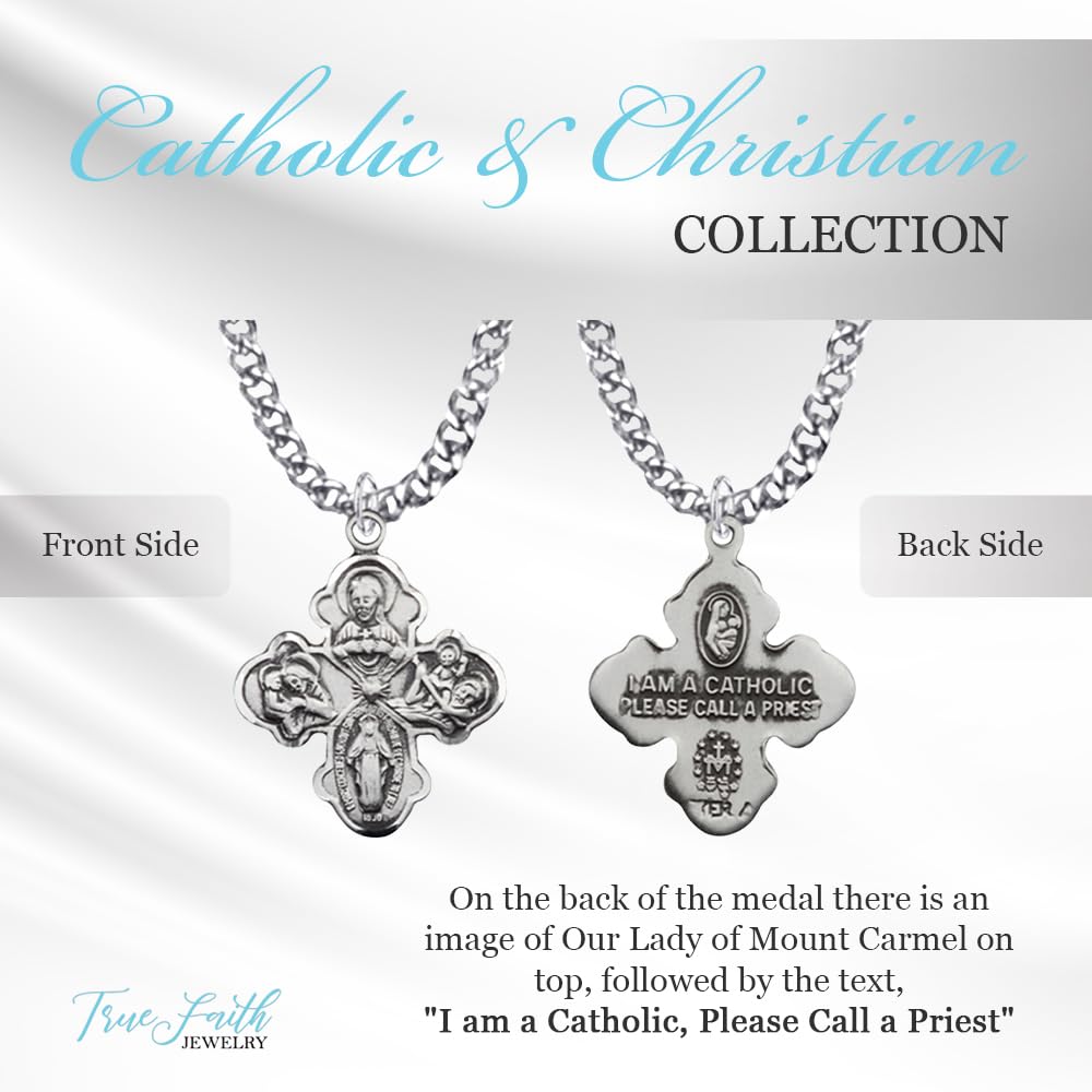 TrueFaithJewelry Sterling Silver 4 Way Medal Cross Pendant Necklace Religious Jewelry, 7/8 Inch
