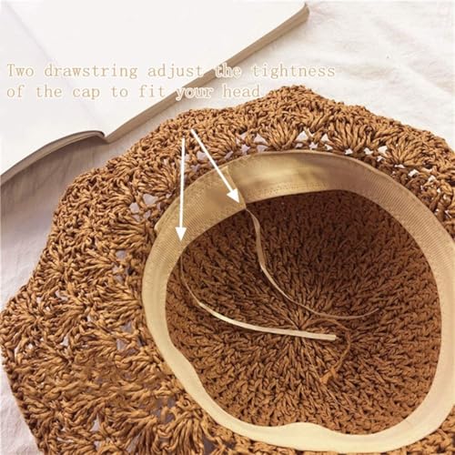 Sun Straw Hats for Women Foldable Floppy Beach Summer Hats Oversized Weave Wide Brim Bowknot Lace for Ladies Brown