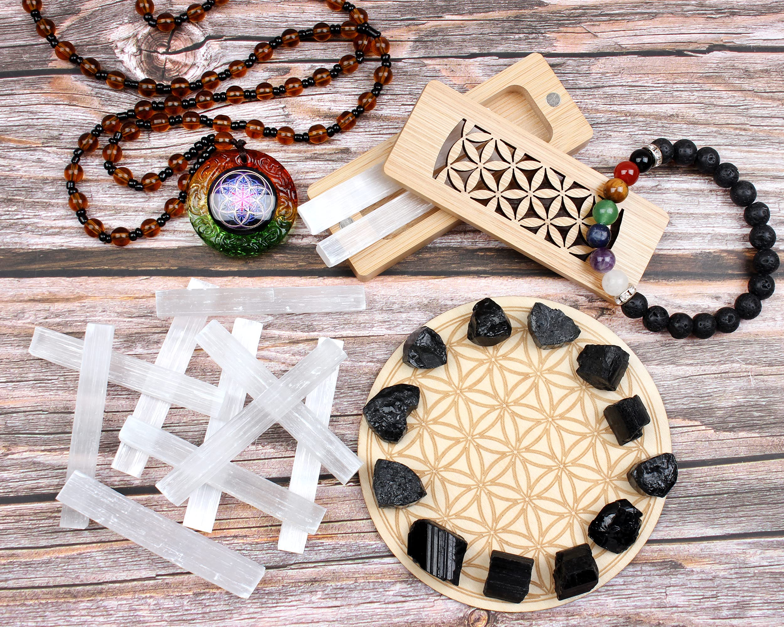 Yunoun Bulk Selenite Sticks & Black Tourmaline for Clearing Energy,Reiki,Protection Grids, Charging Healing (28 pcs)