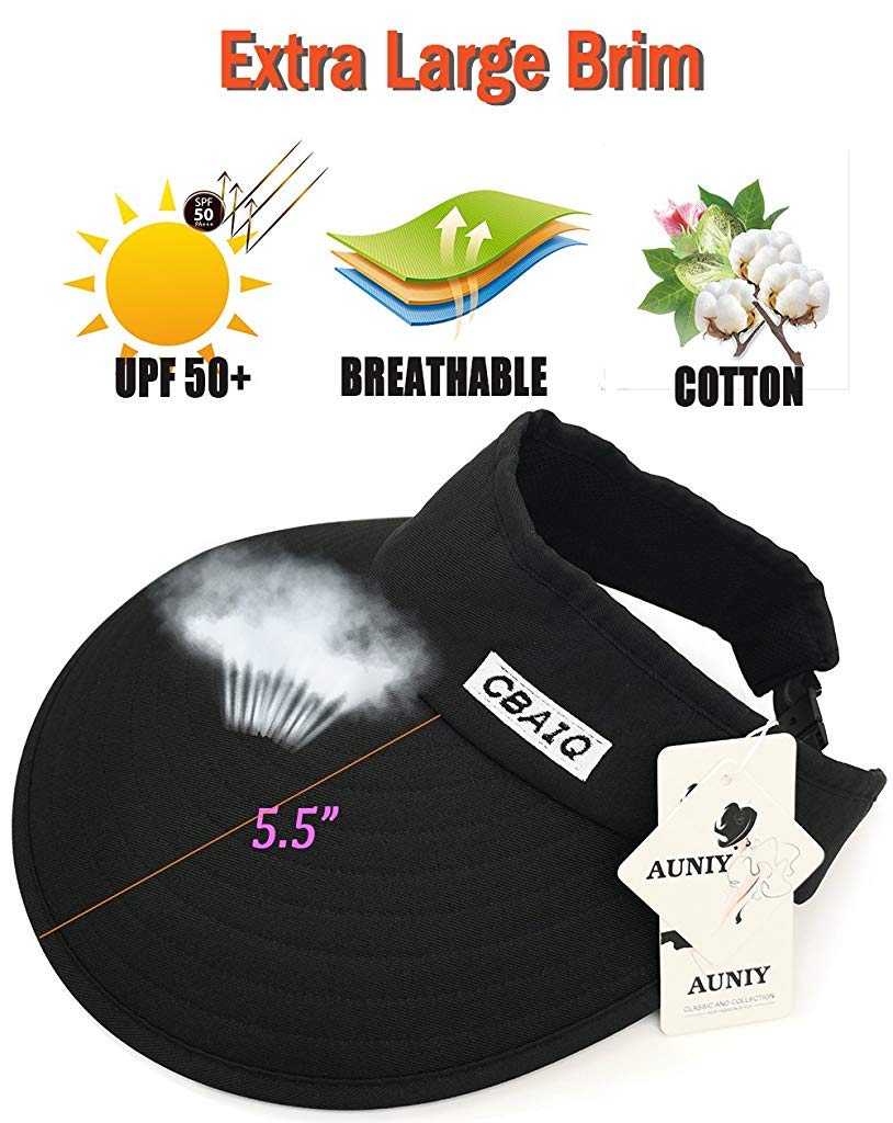 Sun Visor Hats for Women, Large Brim UV Protection Summer Beach Cap, 5.5''Wide Brim (Black)