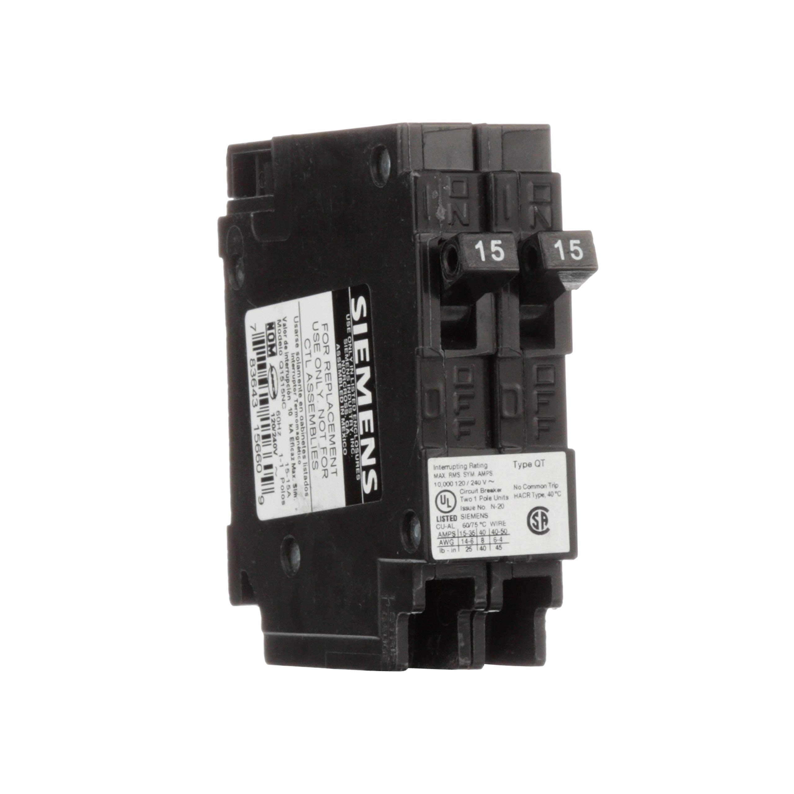 Siemens -HI Q1515NC Two 15-Amp Single Pole 120-Volt Non-Current Limiting Circuit Breaker