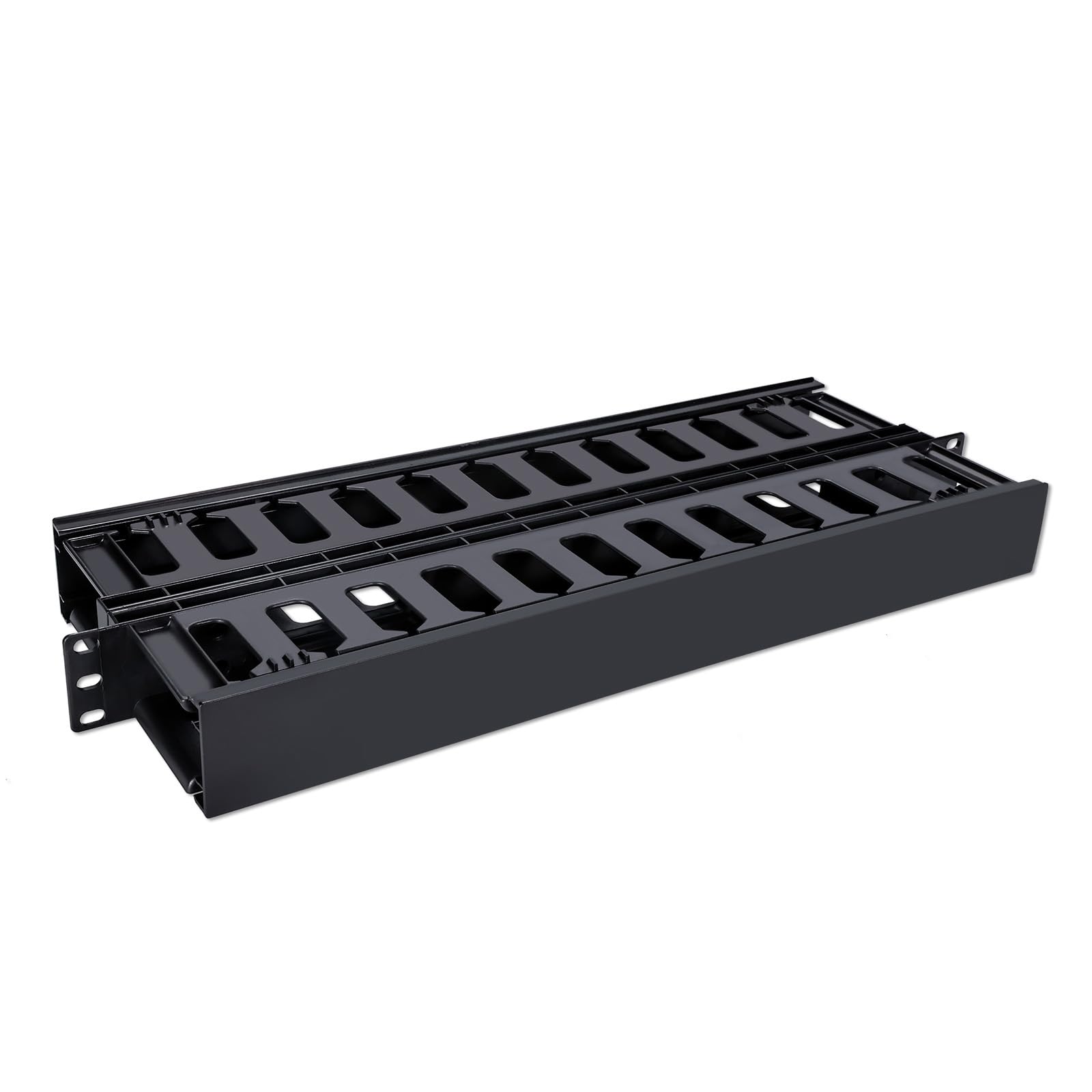 QSFPTEK 1U Cable Management, 24 Slot Horizontal Dual Sided Manager, 19" Rack Rails Wire Management Server Rack, Finger Duct with Cover, 6.85 in. Depth, Network Rack Wire Duct Raceway Panel