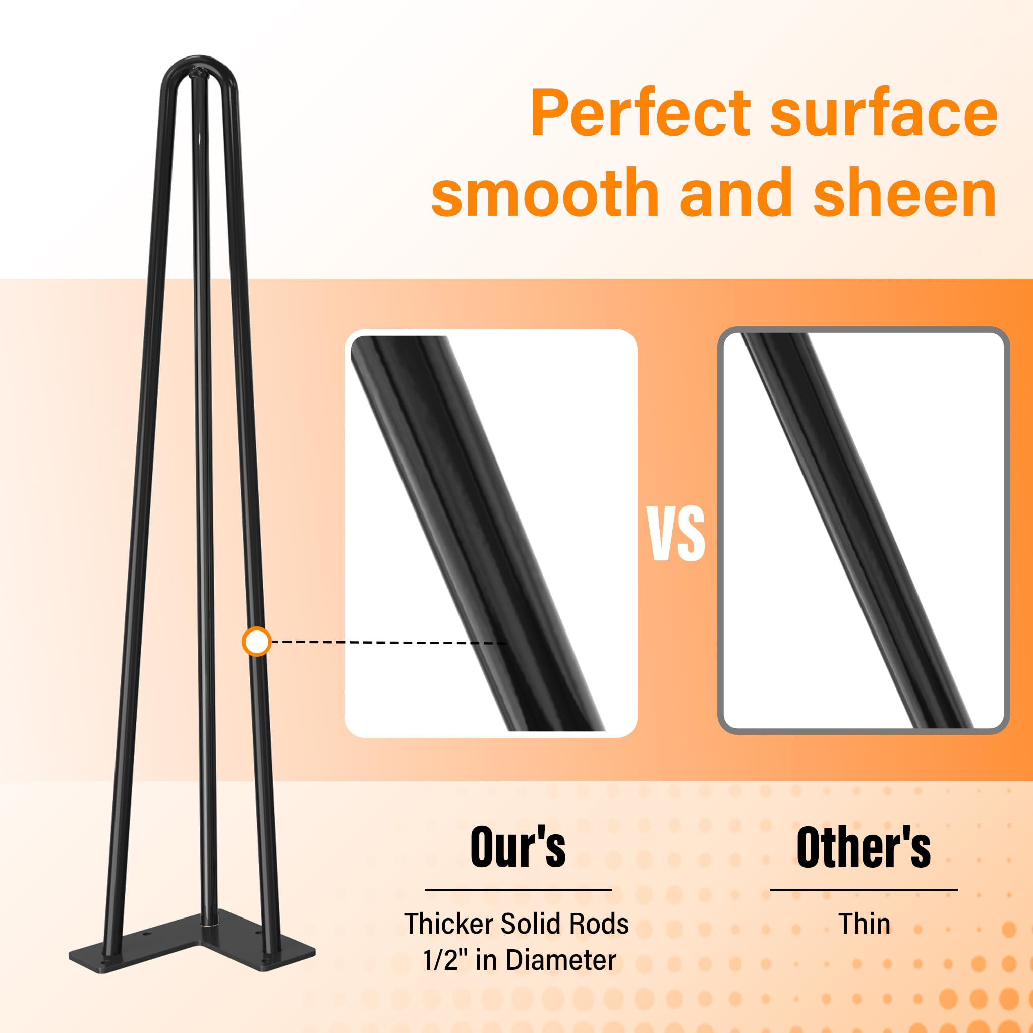 WINSOON 16 Inch Hairpin Legs Thicker 3-Solid Rods 1/2'' in diameter,880lbs Load Capacity, Set of 4 Metal Hairpin Table Legs DIY Projects for Coffee Table Legs, End Table,Desk,Dining,Bench,Night Stands