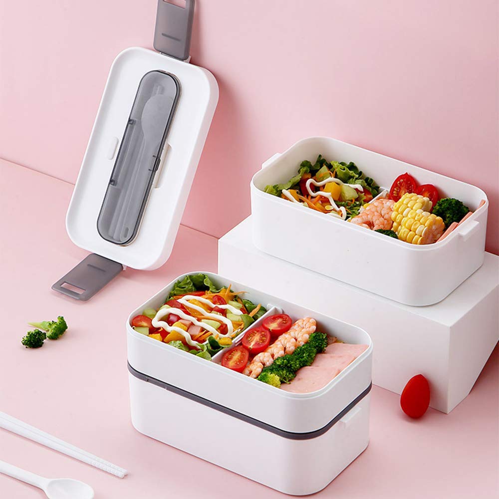 YFBXG Bento Box For Adults,Stackable Bento Lunch Container With Divider,Microwave Safe Leakproof Salad Lunch Container With Utensils & Lunch Bag (White)