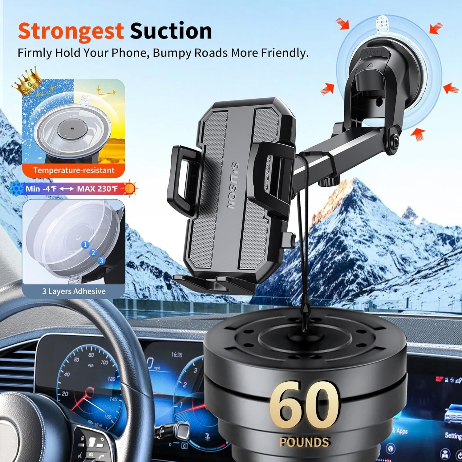 SUUSON Car Phone Holder Mount [Upgraded]-[Bumpy Roads Friendly] Phone Mount for Car Dashboard Windshield Air Vent 3 in 1,Hand Free Mount for iPhone 15 14 13 Pro Max Samsung All Cell Phones (Black)