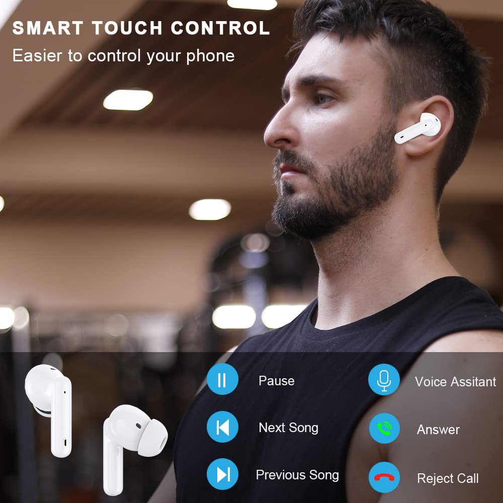 Wireless Bluetooth 5.0 Earbuds Headset Mini in-Ear Noise Canceling Sport Headphones with Charging Case,TWS Stereo Touch Control Waterproof Earphones Built-in Mic (White)