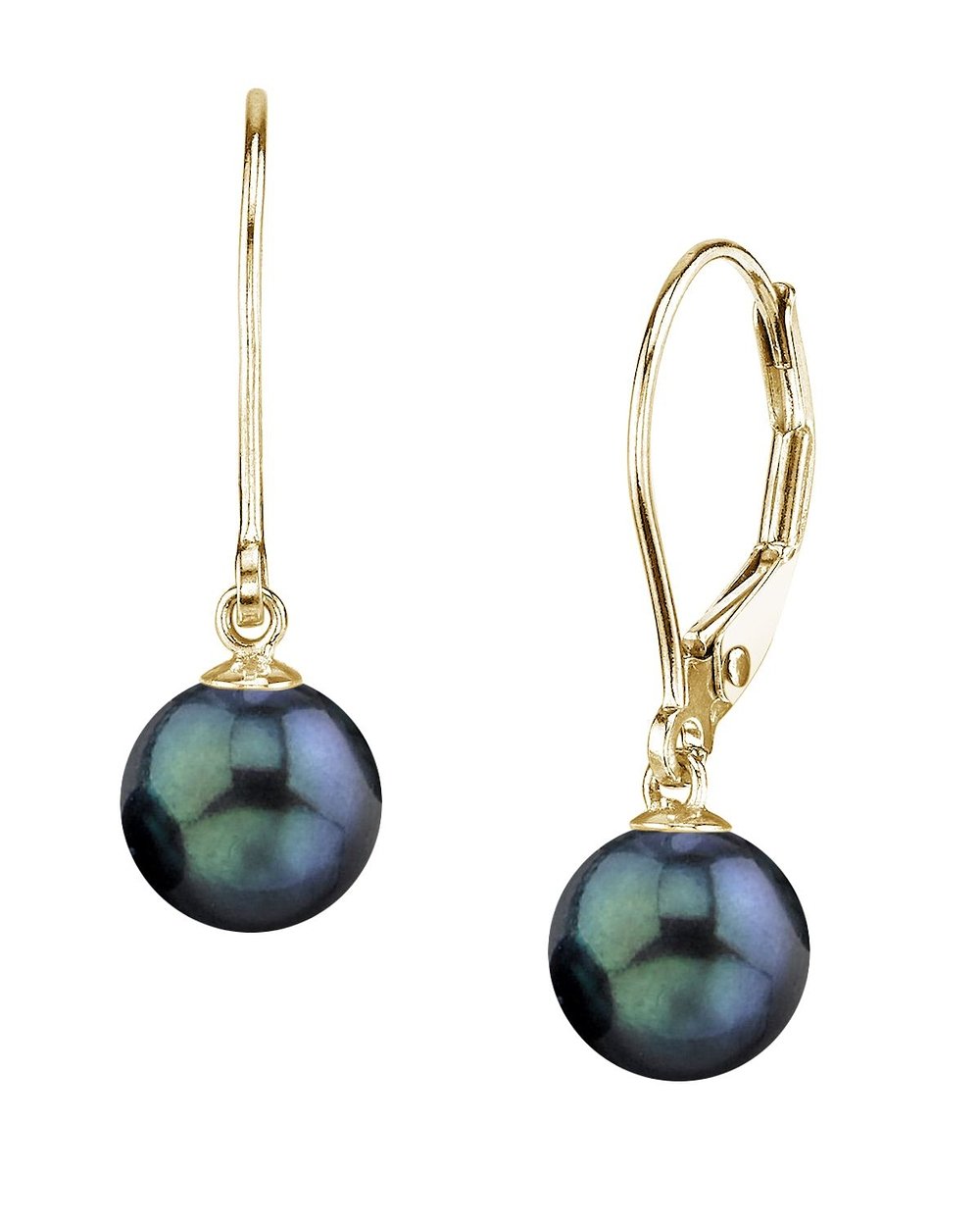 THE PEARL SOURCE 14K Gold 7.5-8mm AAA Quality Round Genuine Black Akoya Cultured Pearl Leverback Earrings for Women