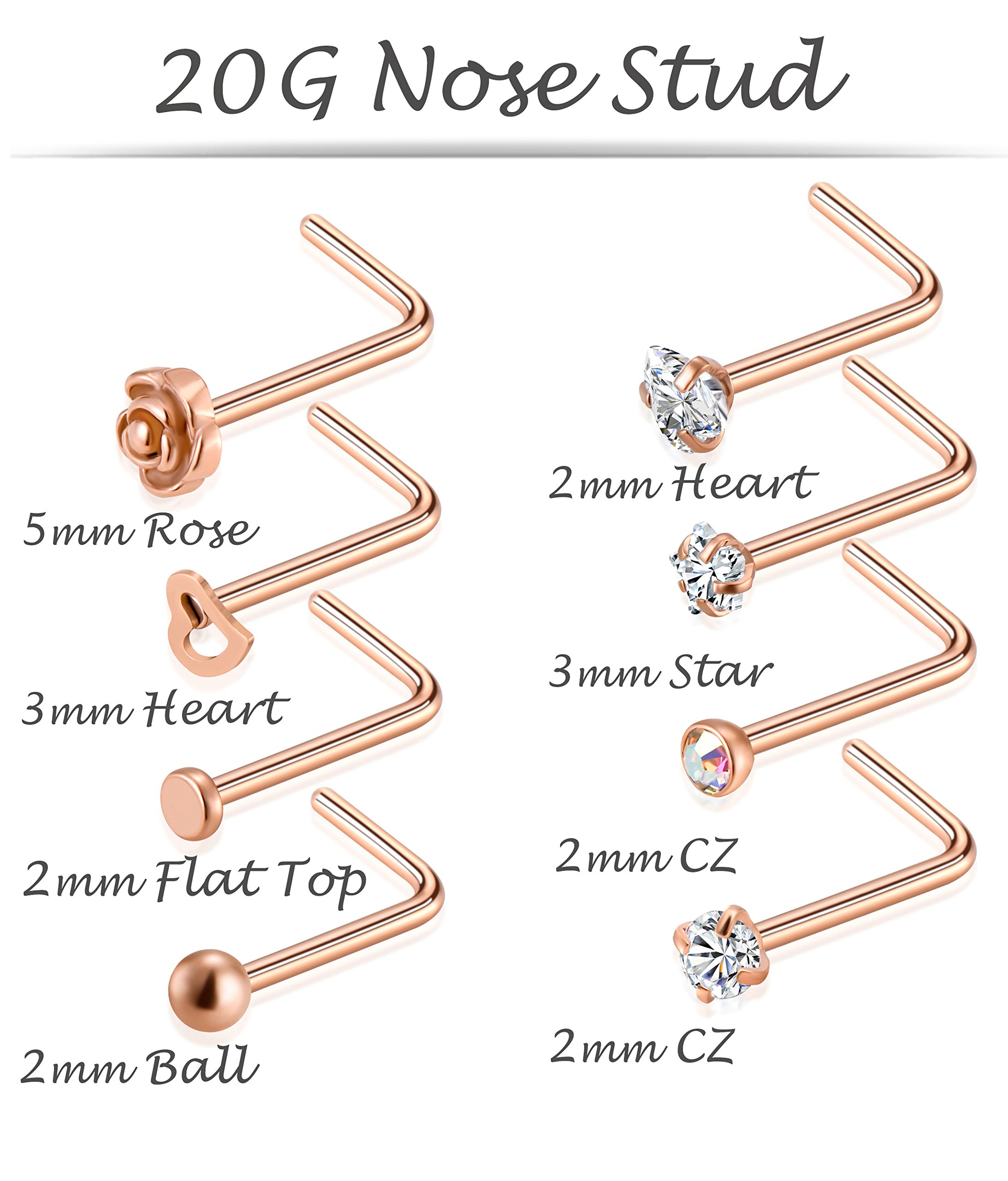 Tornito 20G 8Pcs Stainless Steel L Shaped Nose Ring CZ Nose Stud Retainer Labret Nose Piercing Jewelry