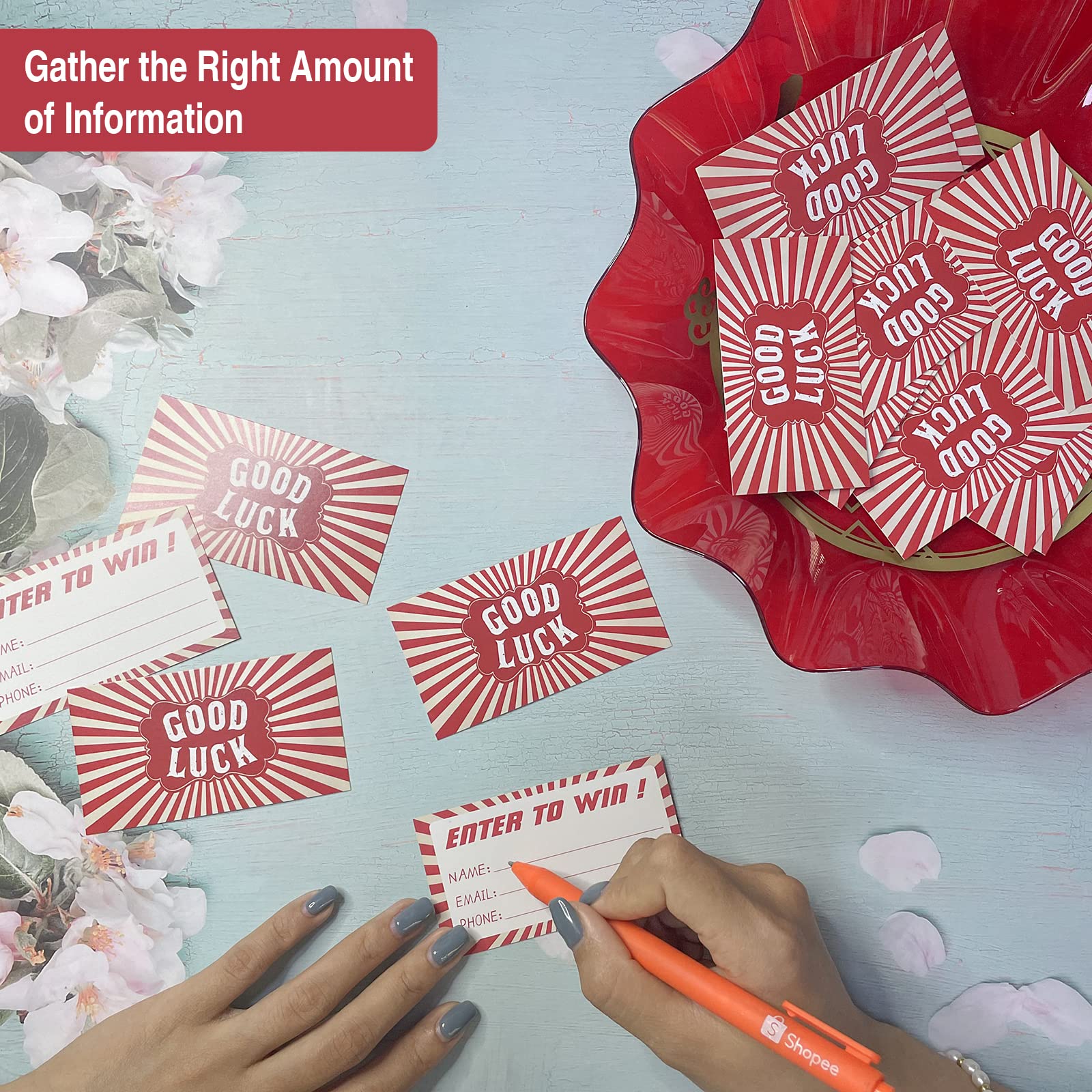 Tomioziey 300 Raffle Tickets Enter to Win Cards-3.5βx2β Entry Form Cards for Contest,Ballot Box,50/50,Raffle Drum with Email Address and Phone Number Fields-Red