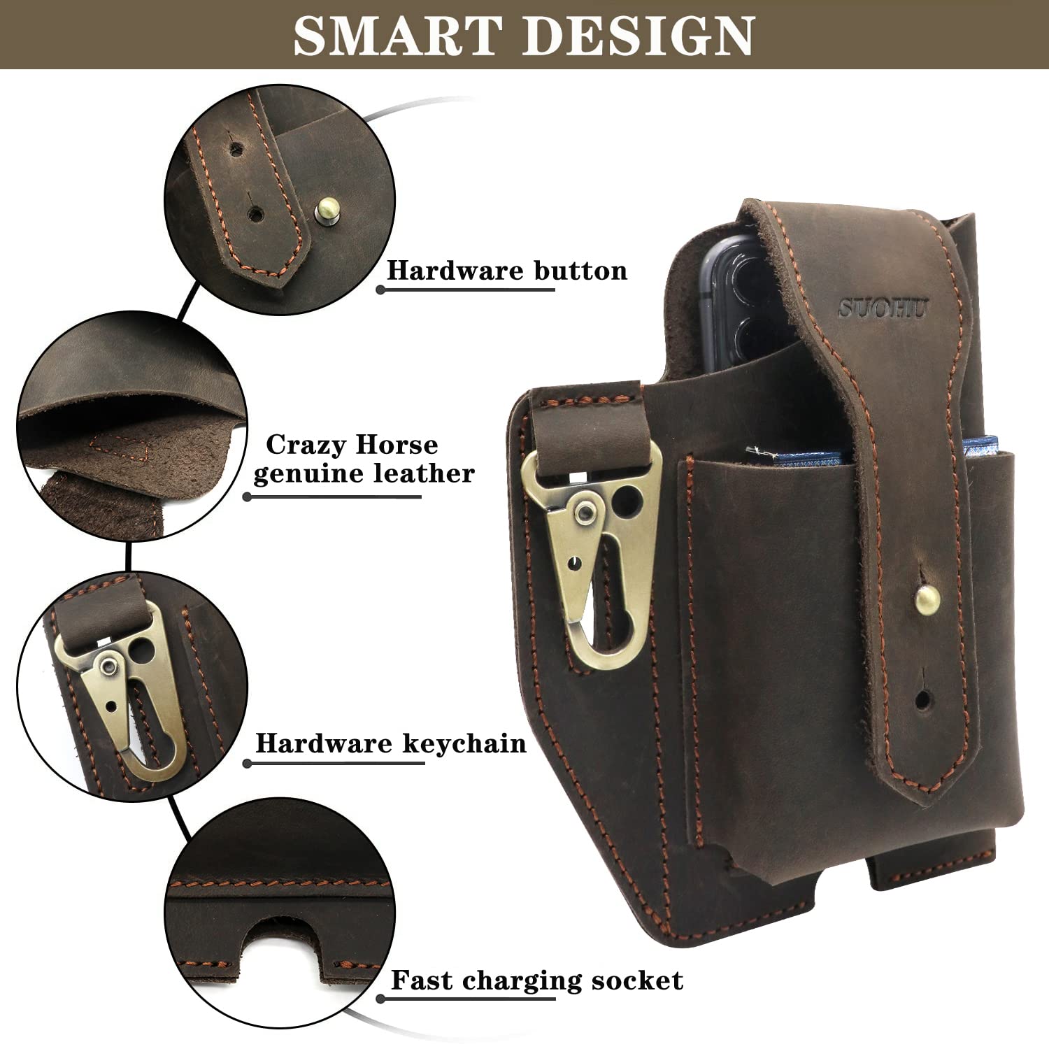 SUOHU Leather Phone Holster with Belt Clip, Flip Belt Phone Case with Magnetic Closure for iPhone 15/14/13 Pro Max, Cell Phone Belt Holder for S22 Plus, Universal Leather Phone Pouch Cases (Red Brown)