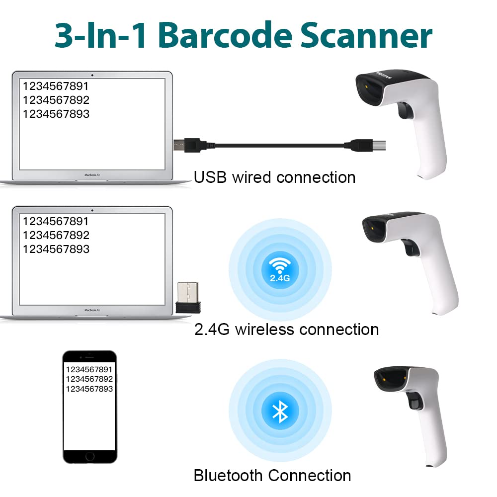 Wireless Bluetooth Barcode Scanner, CMOS Image Sensor Automatic Scanning Scanner 3-in-1 Connection Handheld USB Bar Code Scanner 1D 2D PDF417 Data Matrix (1D)