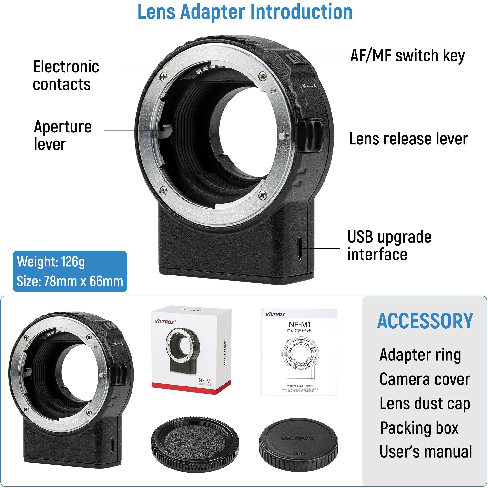 VILTROX NF-M1 Auto Focus Lens Converter Ring, Camera Lens Mount Adapter Compatible with Nikon F-Mount AF AF-S AF-P AF-I Lens to M4/3 Mount Camera(Olympus/BMPCC)