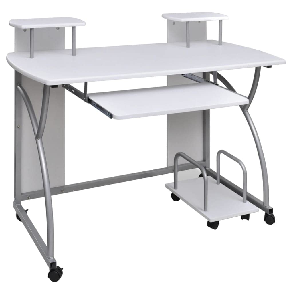 Queen.Y Movable Computer Desk Gaming Desk with Pull-Out Keyboard Tray and Movable PC Tower Shelf, Industrial Accent Cart Game Laptop Notebook Table, White