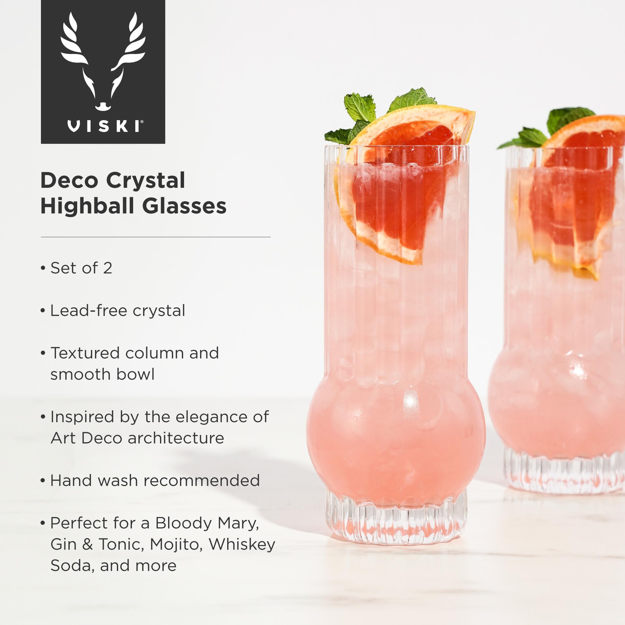 Viski Zenith Deco Crystal Tumbler Set of 2 - Premium Crystal Clear Drinking Glass, Stylish Highball Cocktail Glassware Gift Set, 13 oz