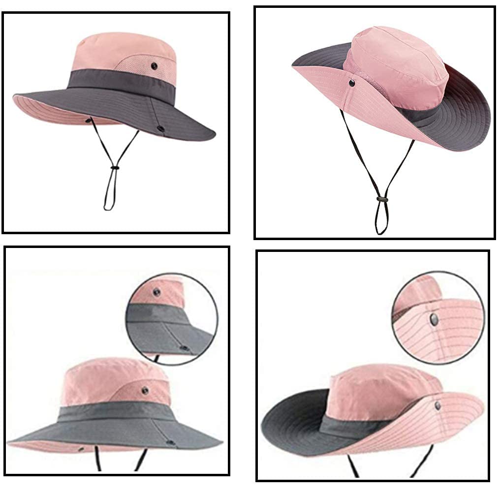 Womens Ponytail Sun Hats with UV Protection Wide Brim Mesh Ponytail Hole Bun Bucket Hat(2pcs Pink+Black