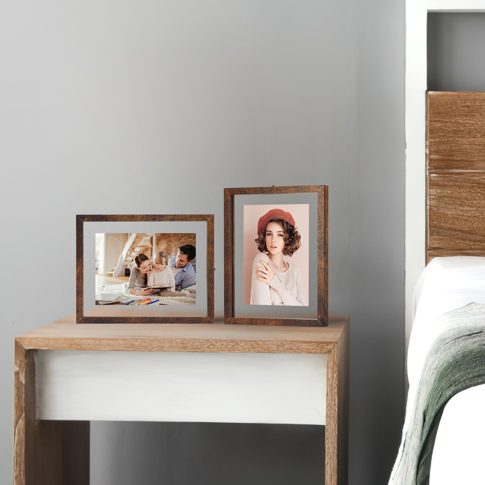 Trwcrt 5x7 Picture Frame Set of 4, Double Glass Floating Picture Frames Display up to 7 x 9 photos for Tabletop or Wall Hanging, Brown