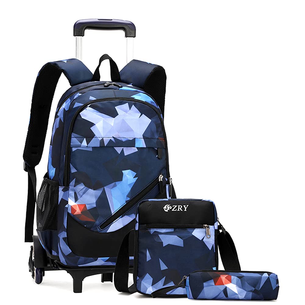 VIDOSCLA 3Pcs Geometric Rolling Backpack,Elementary Students Trolley Bag,Carry-on Primary School Book Bag with Lunch Bag&Pencil Case