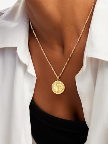 U7 Women Men 18K Gold Plated 925 Sterling Silver 1.5mm Dainty Chain & Coin Saint Benedict Pendant Necklace