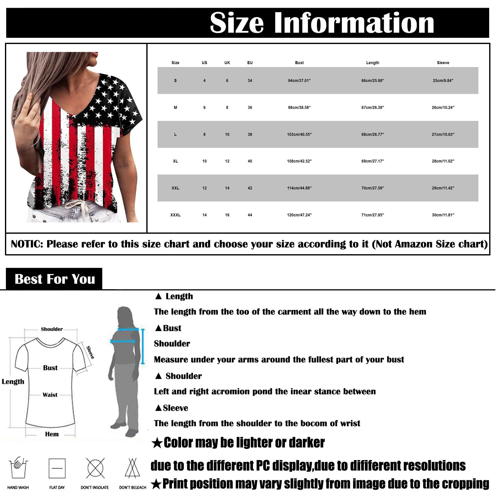 Women's Summer Tops American Flag Print Tunic Short Sleeve V Neck Independence Day Tees Slim Casual Blouses Red X-Large