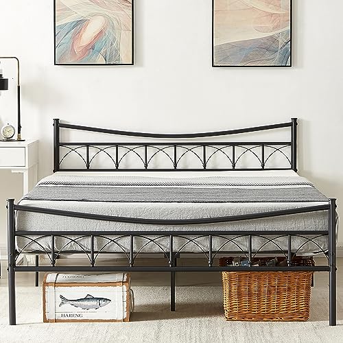 VECELO Queen Size Bed Frames, Heavy Duty Metal Bedframe with Vintage Headboard and Footboard, Mattress Foundation/No Box Spring Needed/No Noise/Easy Set Up, Black