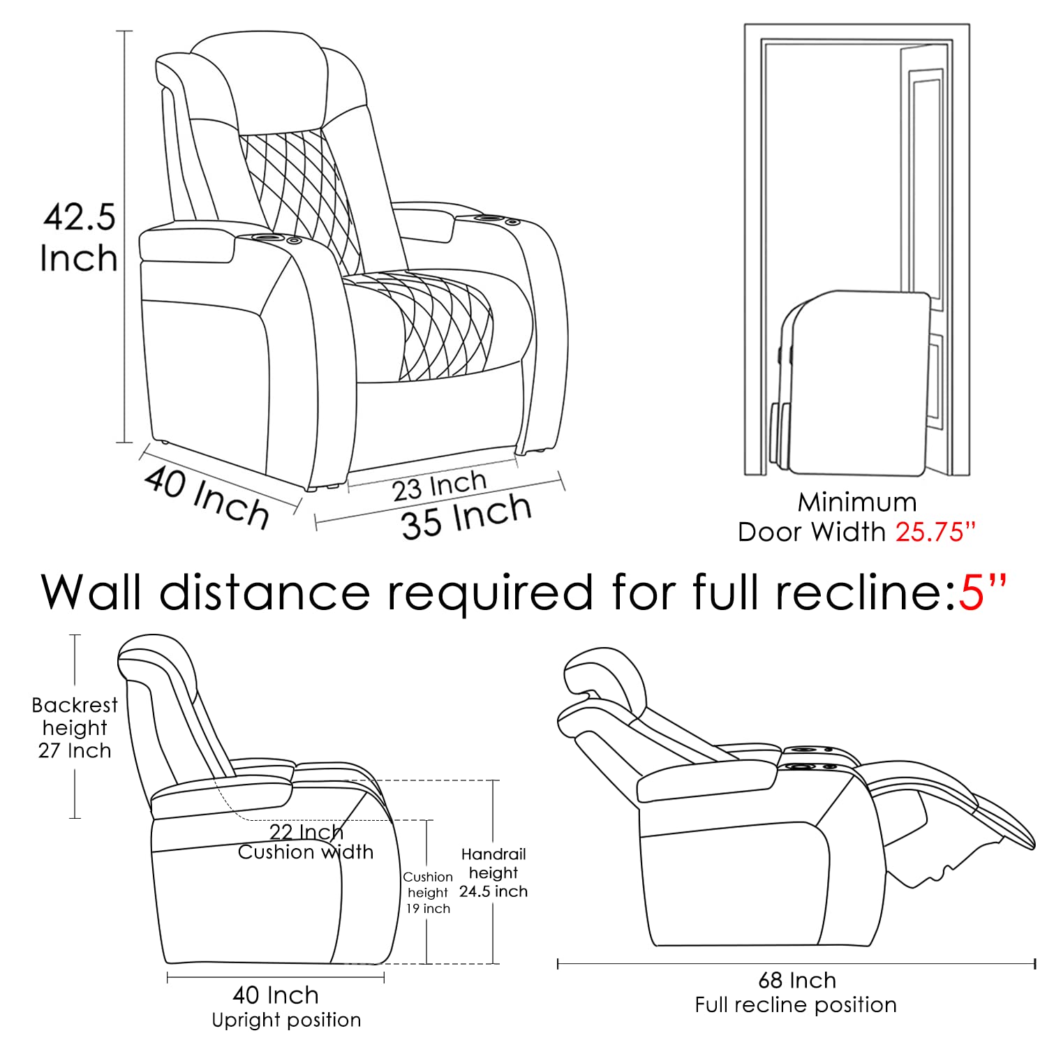 Weilianda Home Theater Seating Top Grain Leather Recliner Chair with Dual Power,Type-C USB Charge,and Wireless Charging with Tray Table - Black