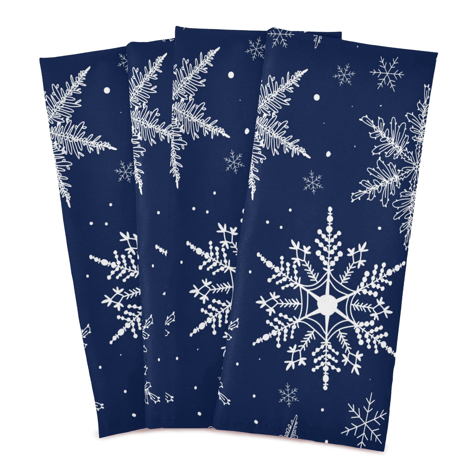 White Snowflakes Winter Doodle Kitchen Dish Towel Set of 4, Blue Christmas 18x28in Absorbent Dishcloth Reusable Cleaning Cloths for Household Use