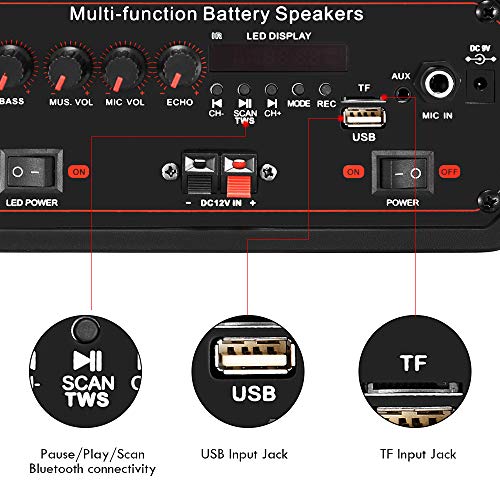 Wireless Karaoke Speaker System with 12'' Subwoofer, Kacsoo Outdoor Portable Bluetooth PA Speaker System with 2 Karaoke Microphones, DJ Lights, FM Radio, MP3/BT/TF Card, AUX Interface, Remote, Black
