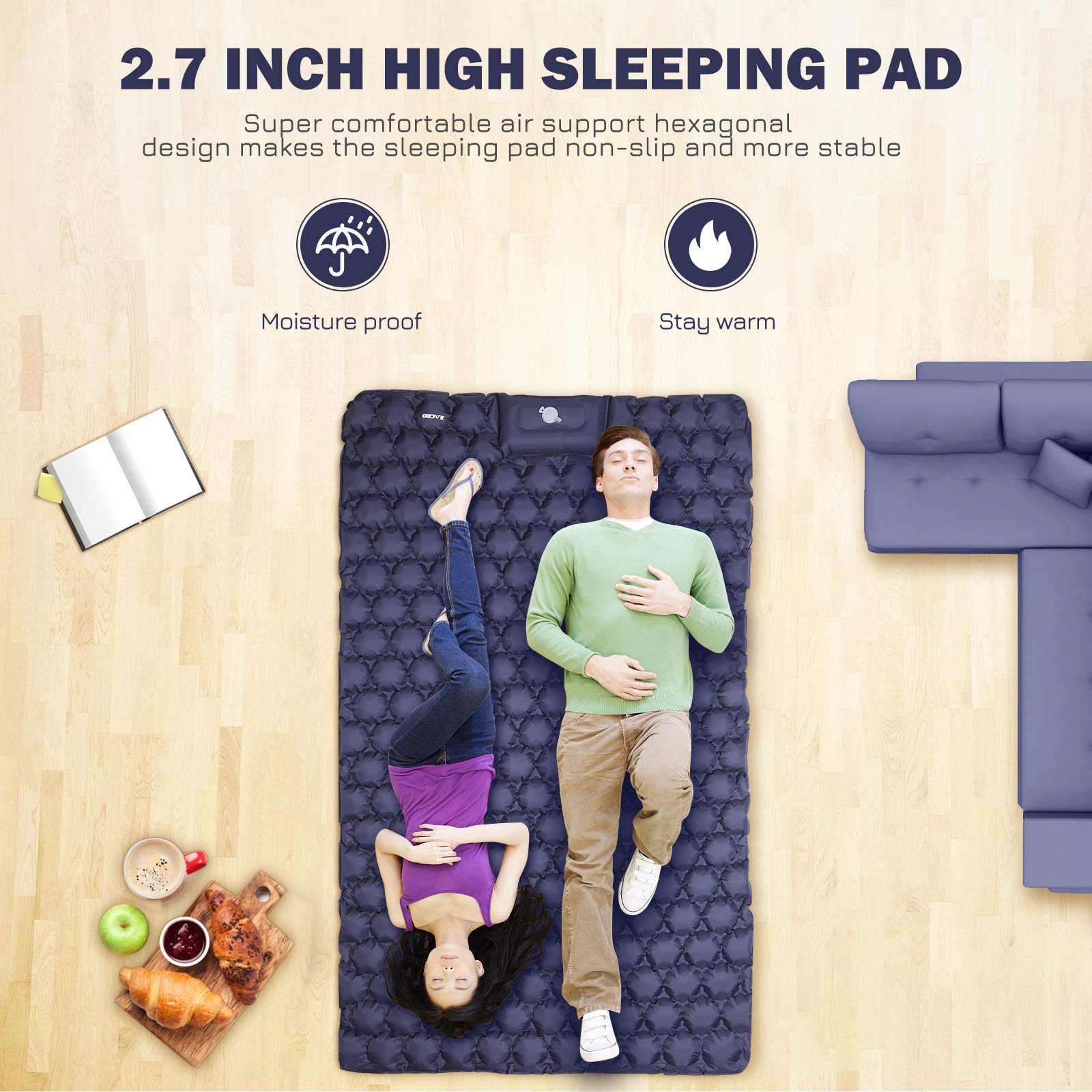 Zacro Double Camping Sleeping Pad, 2 Person Camping Sleeping Mat, Wide 47 inches Lightweight Camping Mattress, Sleeping Mat for Backpacking, Camp, Hiking, Travel.