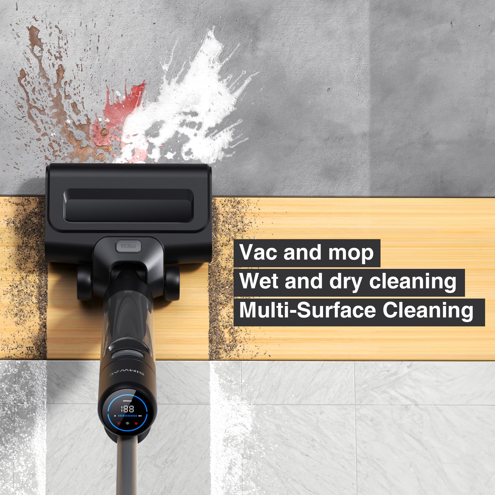 SIMWAL SW02 Cordless Wet Dry Vacuum Cleaner, Vacuum and Mop combo for Sticky Messes and Kitchen Waste, Vacuum Mop All in One with LCD Display, Running Up to 60 minutes for Multi-Surface