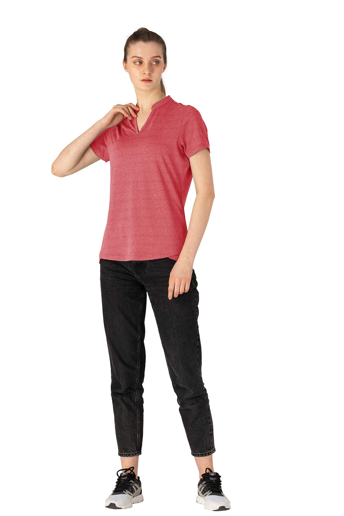 YSENTO Women's Dry Fit Golf Polo Shirts Short Sleeve V Neck Collarless Athletic Activewear Shirts Shirts Red S