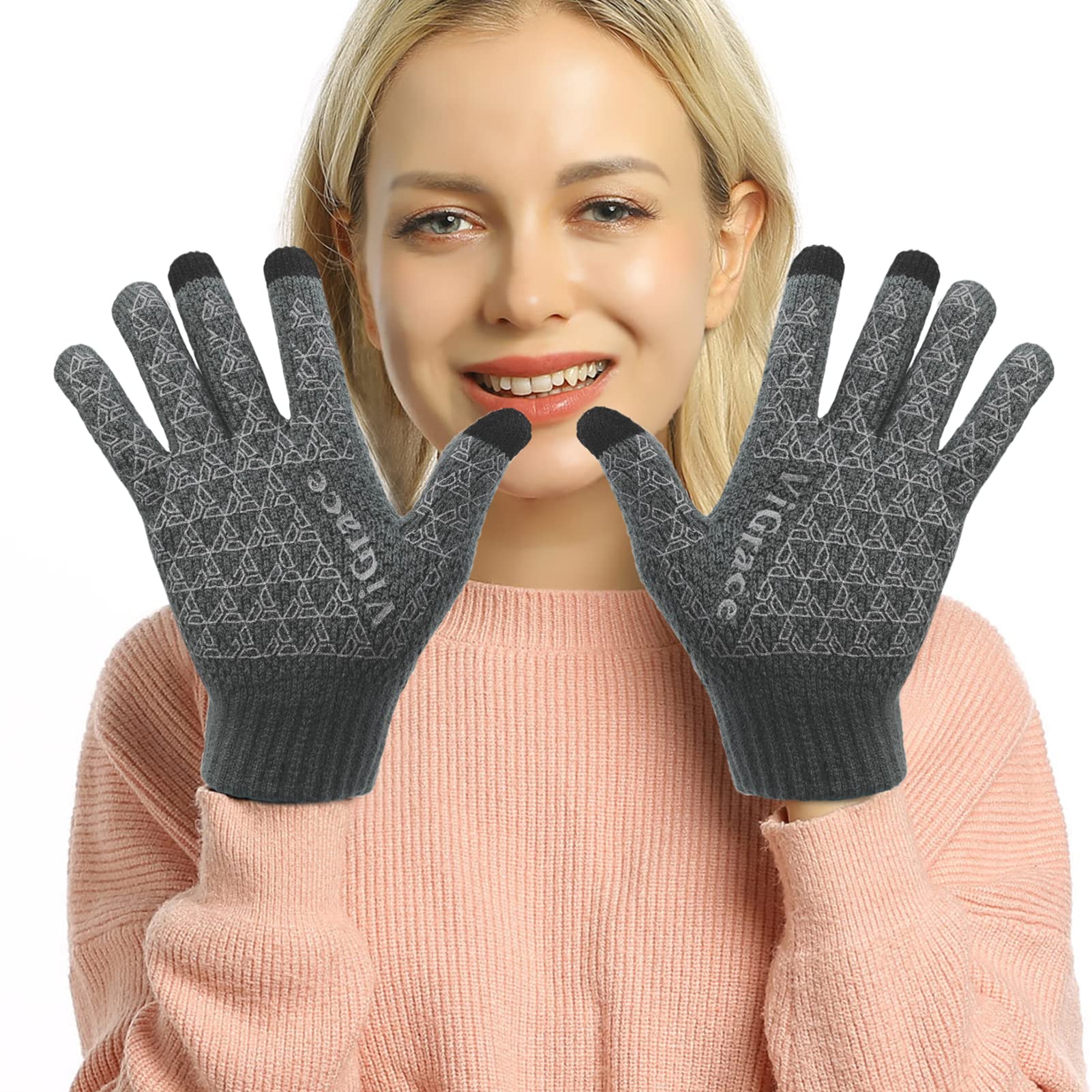 ViGrace Winter Warm Touchscreen Gloves for Men and Women Touch Screen Fleece Lined Knit Anti-Slip Wool Glove (Gray, Medium)