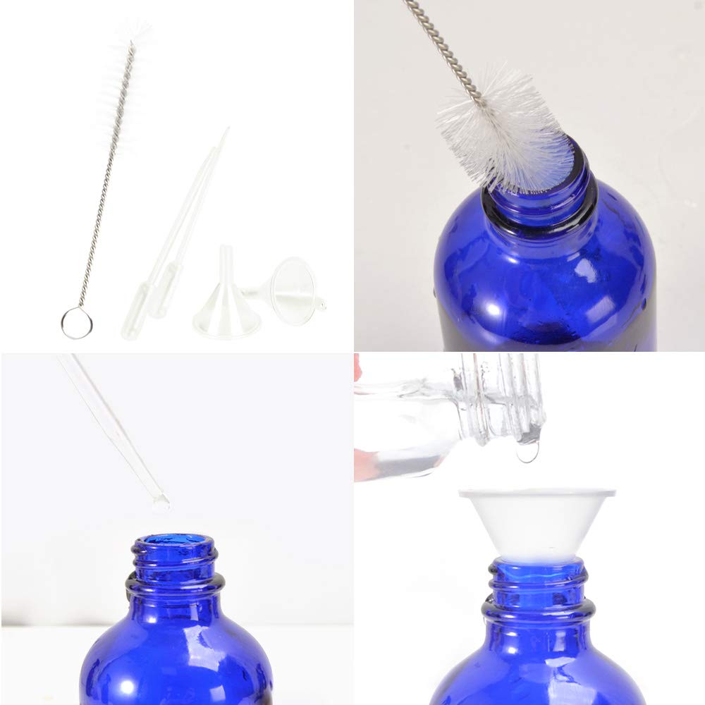 STARSIDE 6 Pack 120 ml 4oz Blue Glass Spray Bottles with Fine Mist Sprayer & Dust Cap for Essential Oils, Perfumes,Cleaning Products.Included 1 Brush, 2 Funnels,2 Droppers & 12 Labels.