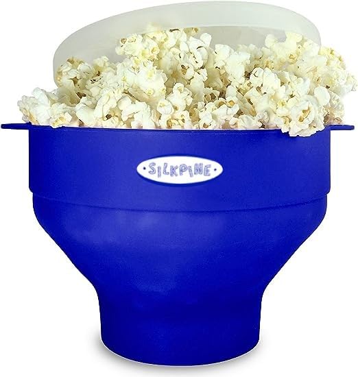 The Original Silkpine Microwaveable Silicone Popcorn Popper Machine, Collapsible Microwave Popcorn Maker Bowl, BPA Free Microwave Popcorn Popper, Dishwasher Safe (Blue)