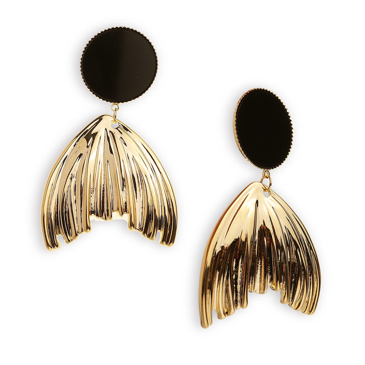 Sonateomber Gold Mermaid Fishtail Drop Dangle Statement Earrings For Women Big Black Dome Fish Tail Ginkgo Leaf Dangly Summer Ocean Beach Prom Jewelry Gift
