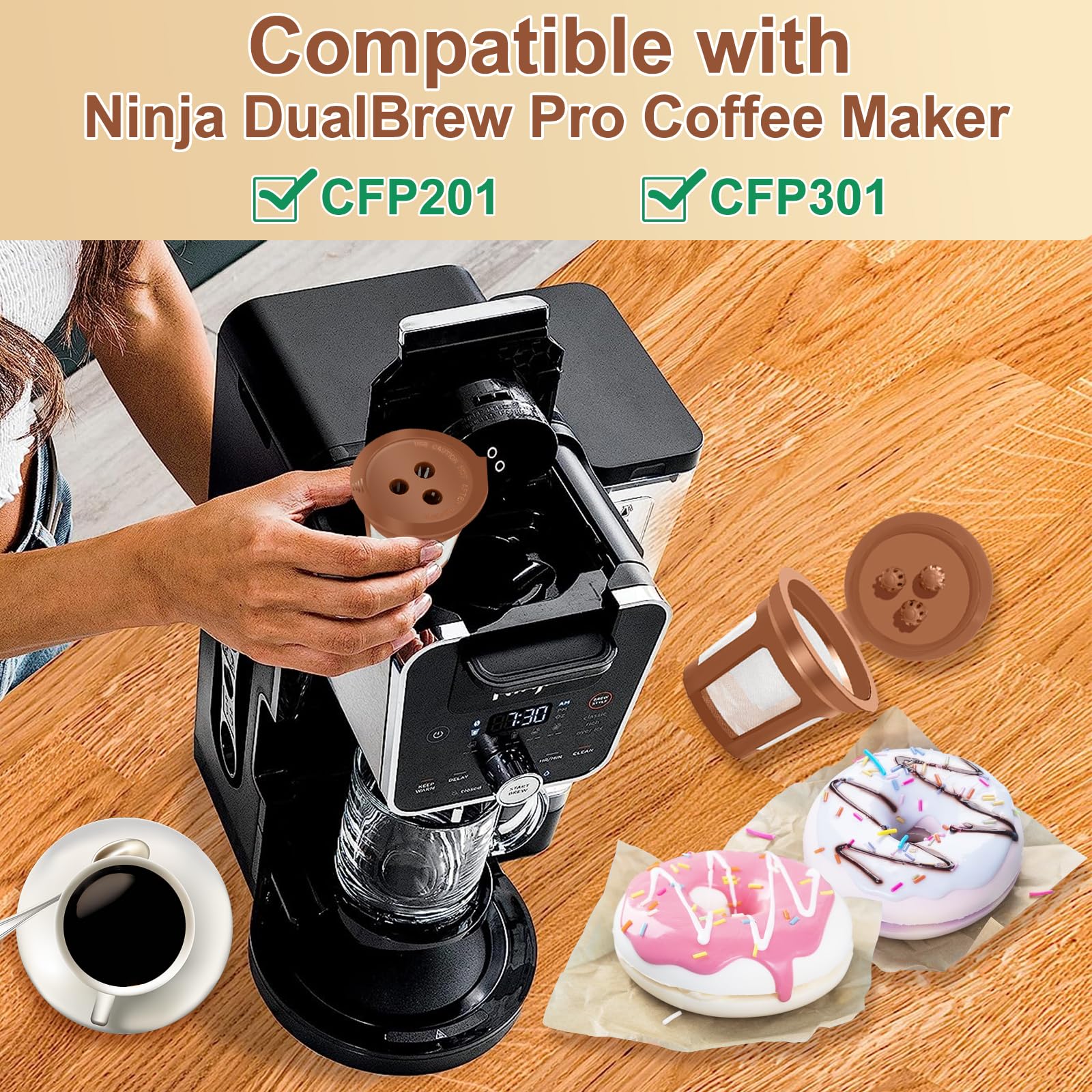 Reusable Coffee Filter for Ninja Coffee Maker, 2 Pack K Cups Reusable Coffee Pod #4 Cone Coffee Maker Filter Stainless Steel for Ninja DualBrew Pro Coffee Maker CFP201 CFP300(1 Cone Filters; 2 K Cups)
