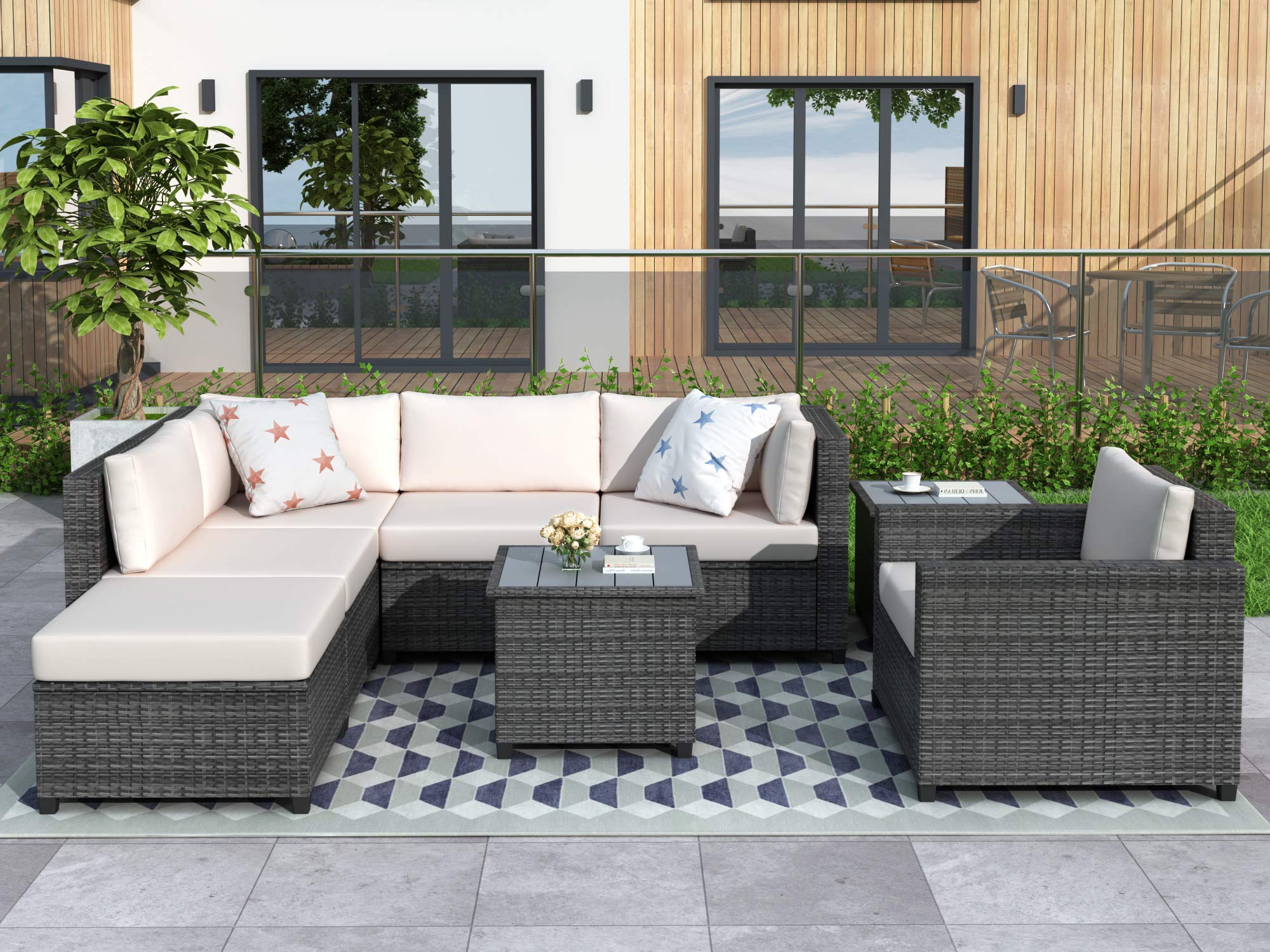 Tidyard 8 Piece Rattan Sectional Seating Group with Cushions, Patio Furniture Sets, Outdoor Wicker Sectional