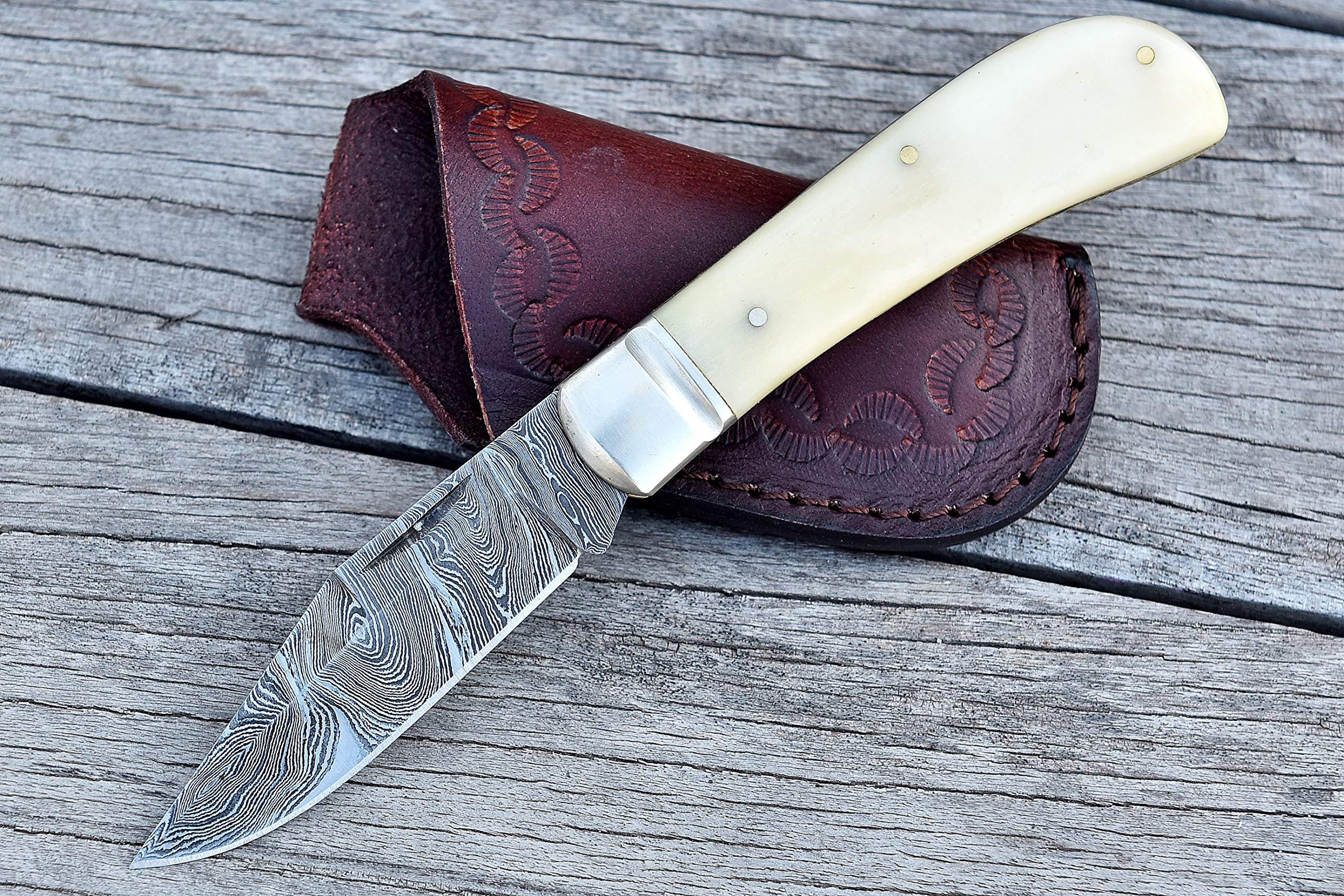 Zaildar Damascus Steel Pocket Knife - Handmade Folding Knife, EDC Knife, Hunting Knife, Camping Knife & Hiking Knife with Brass & Bone Handle & Leather Knife Sheath