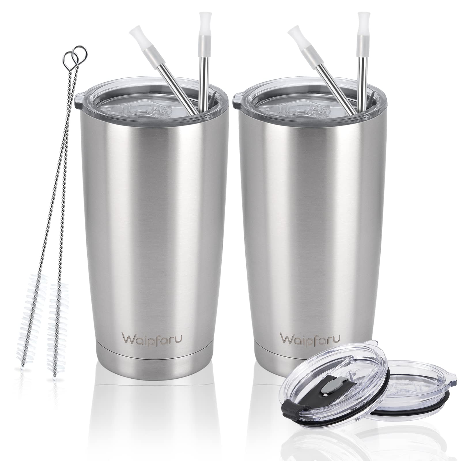 Waipfaru 20 oz Tumbler, Insulated Tumblers with Lid and Straw, Double Wall Durable Travel Coffee Mug, Stainless Steel Vacuum Tumbler, Splash-Proof Powder Coated mug for Cold & Hot Drinks (Stainless)