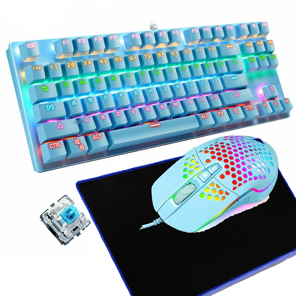 Wired Gaming Keyboard and Sets 87 Keys Rainbow Backlit Mechanical Keyboard,RGB Backlit 6400 DPI Light Weight Gaming Mouse, Mouse Pad for PC Game (Blue)