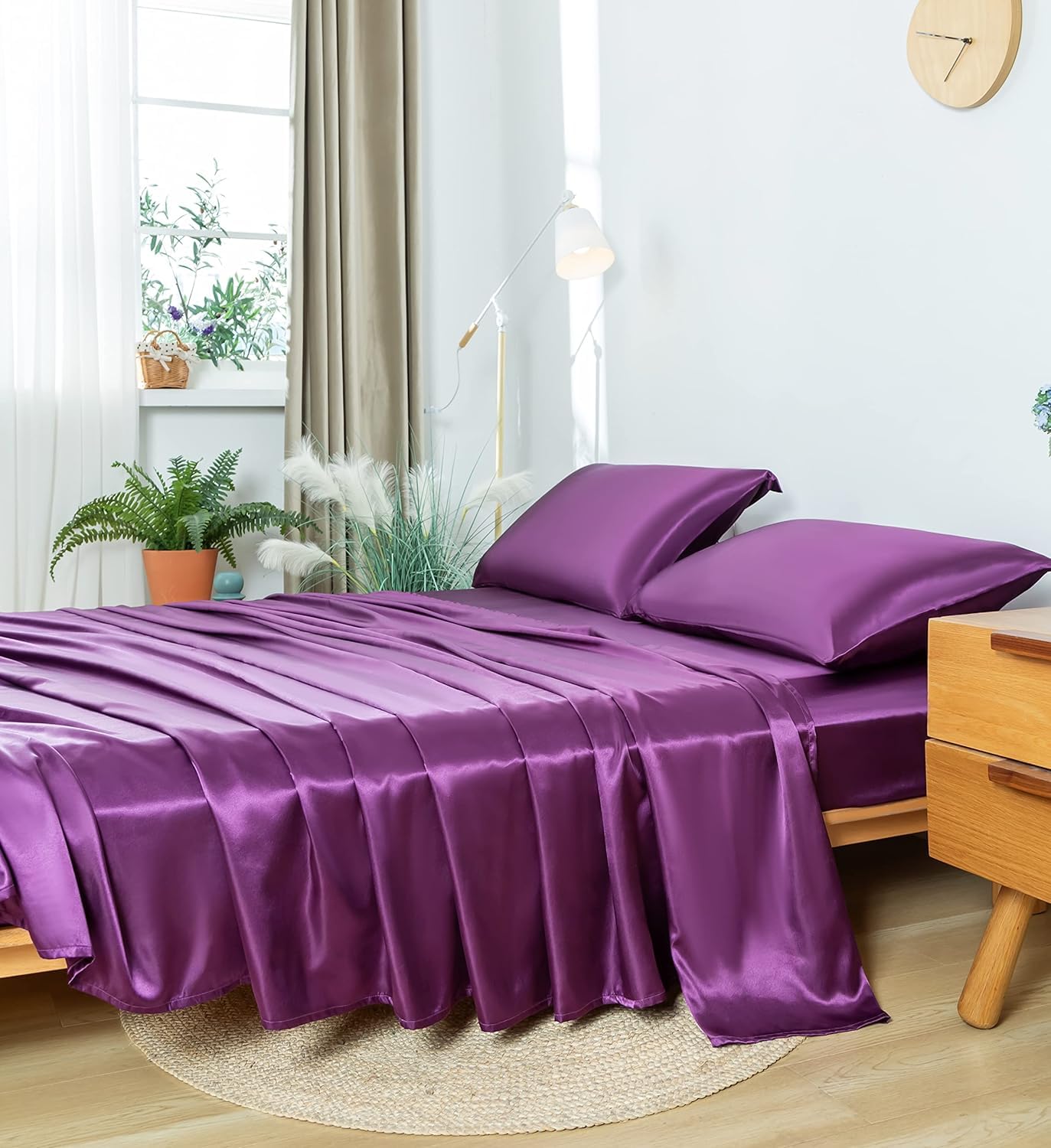 Revdomfly 4 Pcs Full Size Luxury Silky Soft Purple Satin Sheet Set,1 Premium Moisture Wicking Fitted Sheet Fits Up to 16 Inches Deep Pocket + 1 Flat Sheet + 2 Pillowcases(Purple, Full)