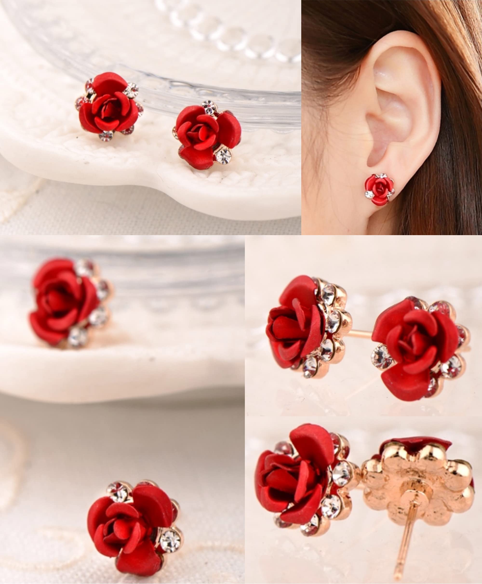 Rose Gold Plated Simple Red Rose Stud Earrings Fashion Jewelry for Women