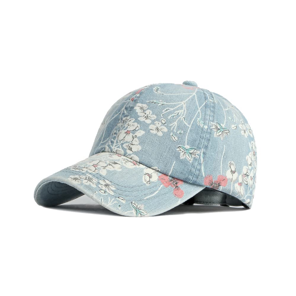 yosuwer Unisex Floral Print Baseball Cap Adjustable Washed Denim Sport Trucker Dad Visor Hat (One Size, Light Blue)
