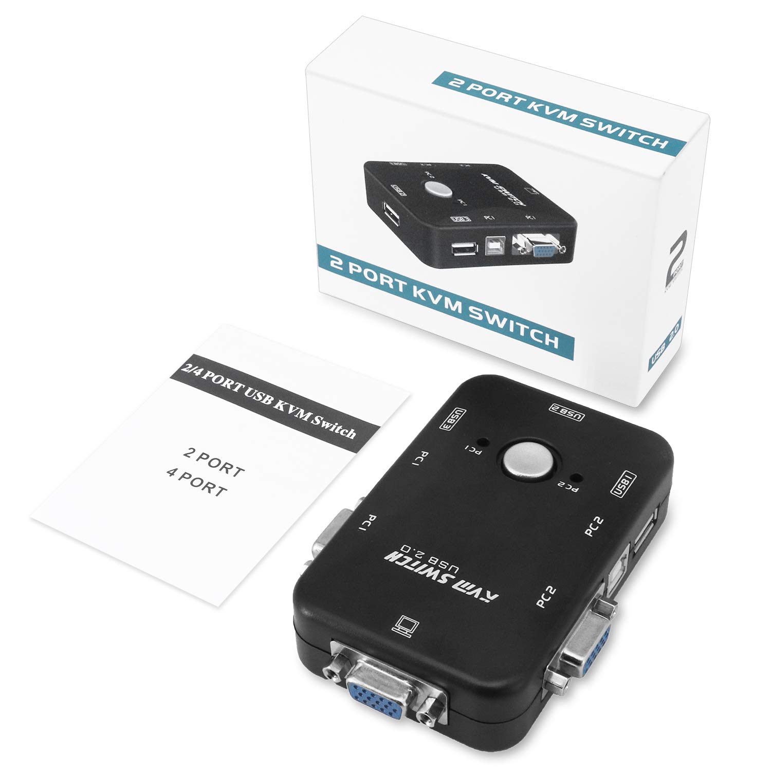 VM Switch Box 2-Port PC Monitor Switch Box Include 3 x USB VGA Cable Socket for Computer/Keyboard/Mouse Monitor, Plug and Play